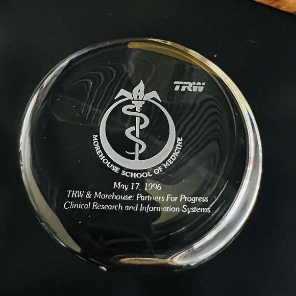 RARE 1996 TRW Morehouse School of Medicine Clear Glass Etched Paperweight